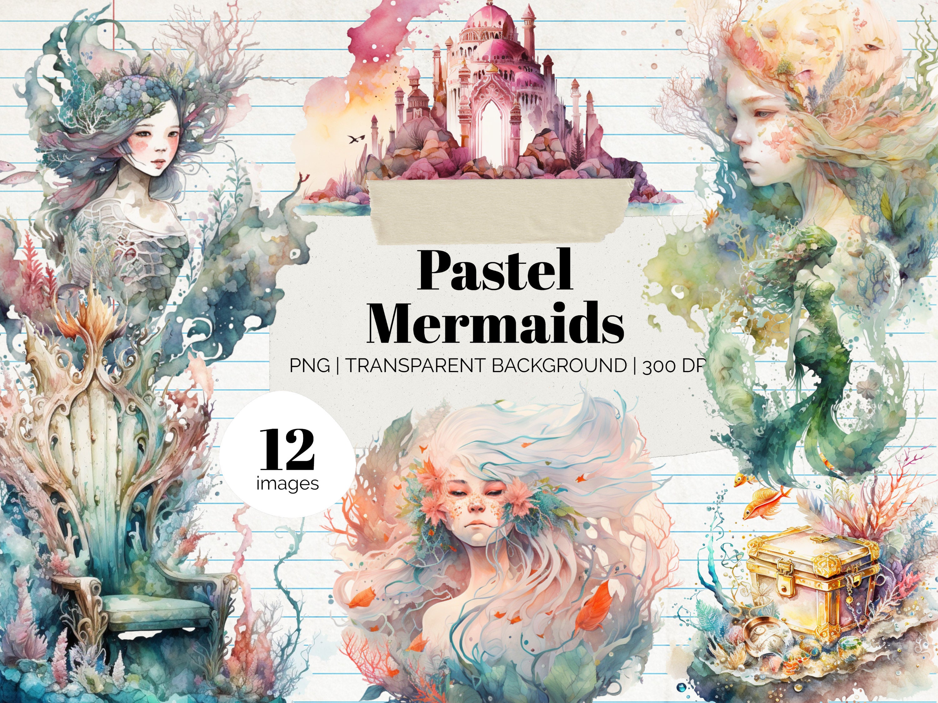 Pastel Mermaid Clipart Bundle With Transparent Background and ...