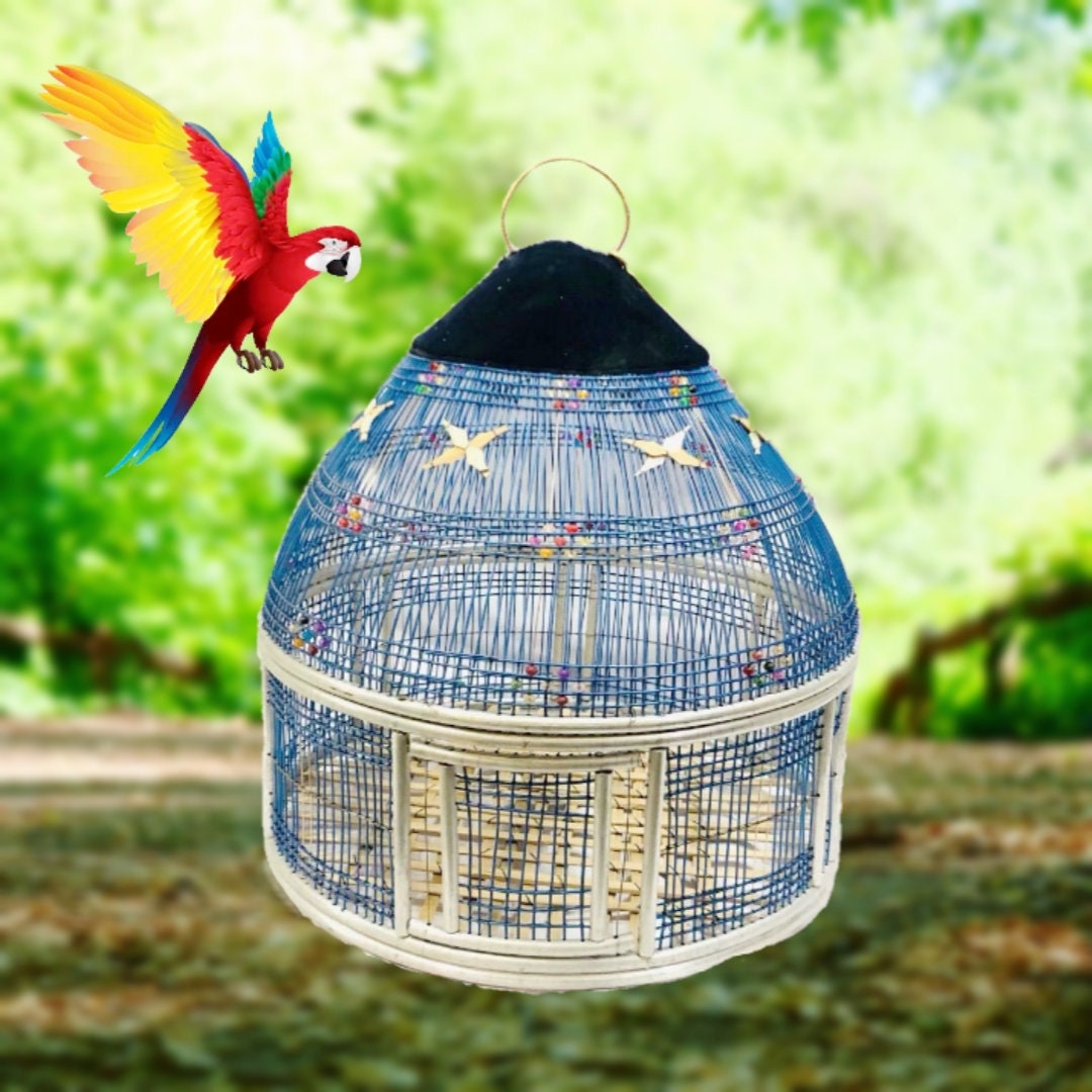 Large Oval Bird Cage Full Handmade Blue Rustic Cage Steel Cage Bird ...