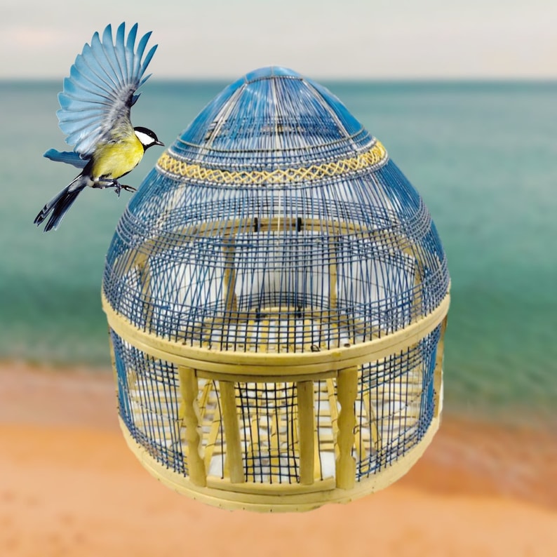 Large Oval Bird Cage Full Handmade Blue Rustic Cage Wooden Cage Bird ...