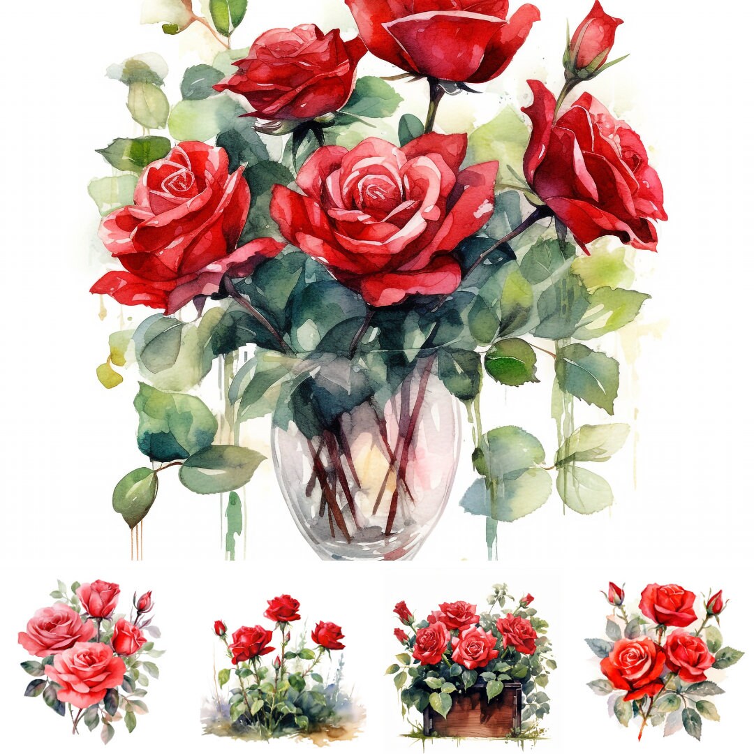 Watercolour Floral Red Roses Clipart Red Roses Floral - Etsy