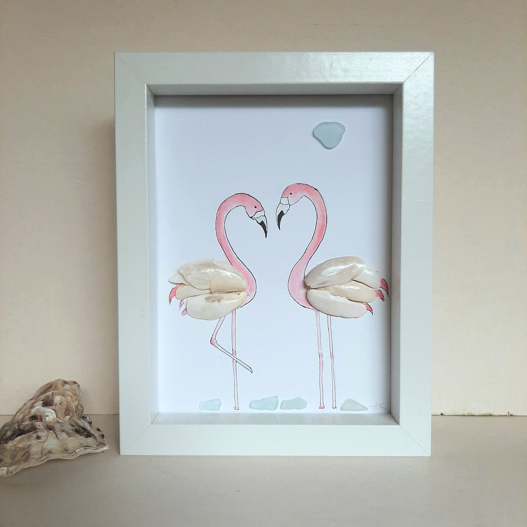 Sea Glass Art Pink Flamingo, Sea Shell Art, Couple Gift, Family Gift ...