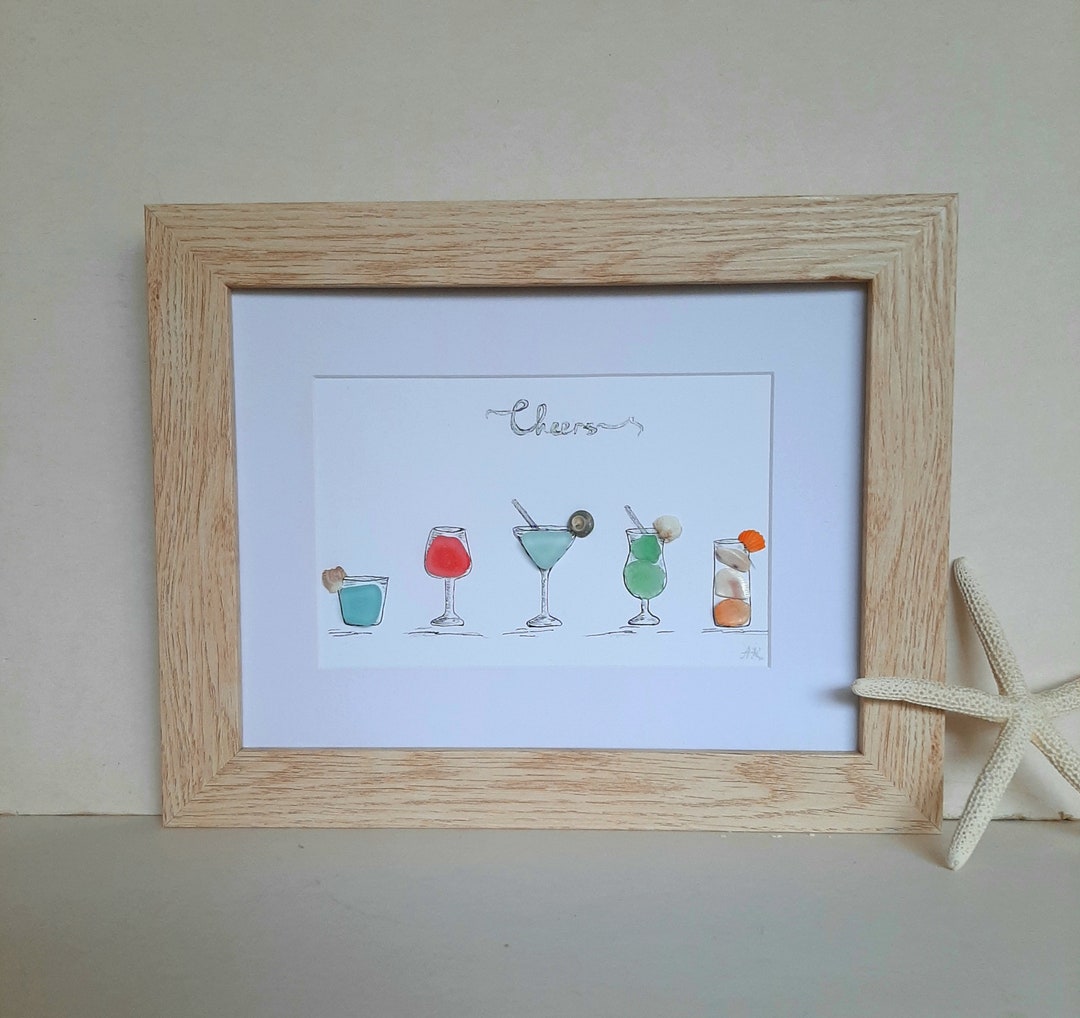 Sea Glass Art Sea Glass Cocktails Pebble Art Glass of Wine - Etsy