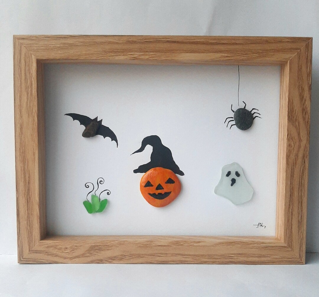 Pebble Art Halloween, Pumpkin, Spider, Sea Glass Art Ghost, Kids ...