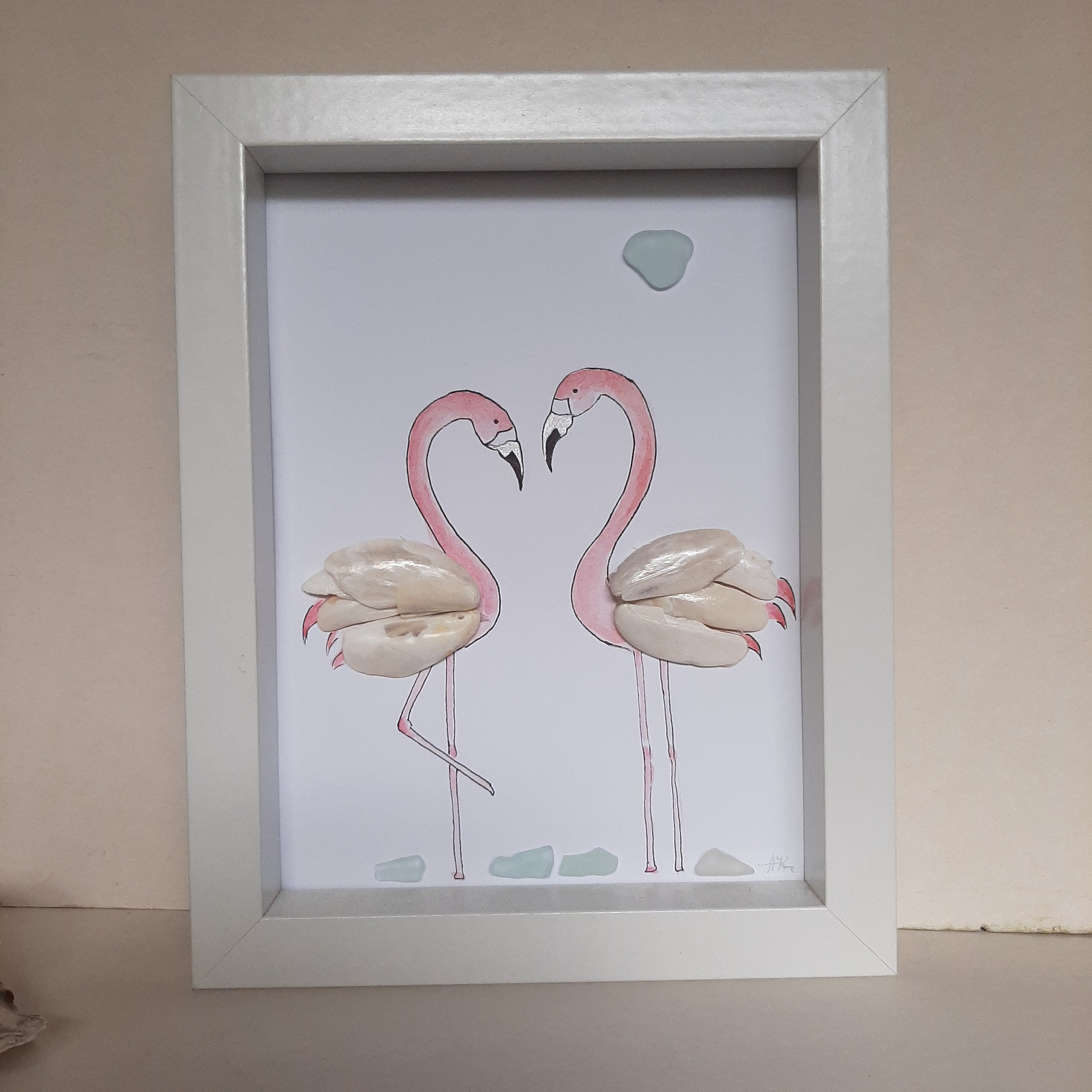 Sea Glass Art Pink Flamingo, Sea Shell Art, Couple Gift, Family Gift ...