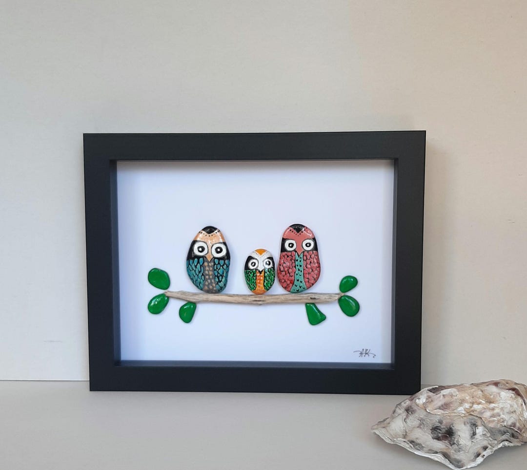 Pebble Art Couple Owls, Family Colorful Owls, Painted Stones, Family ...
