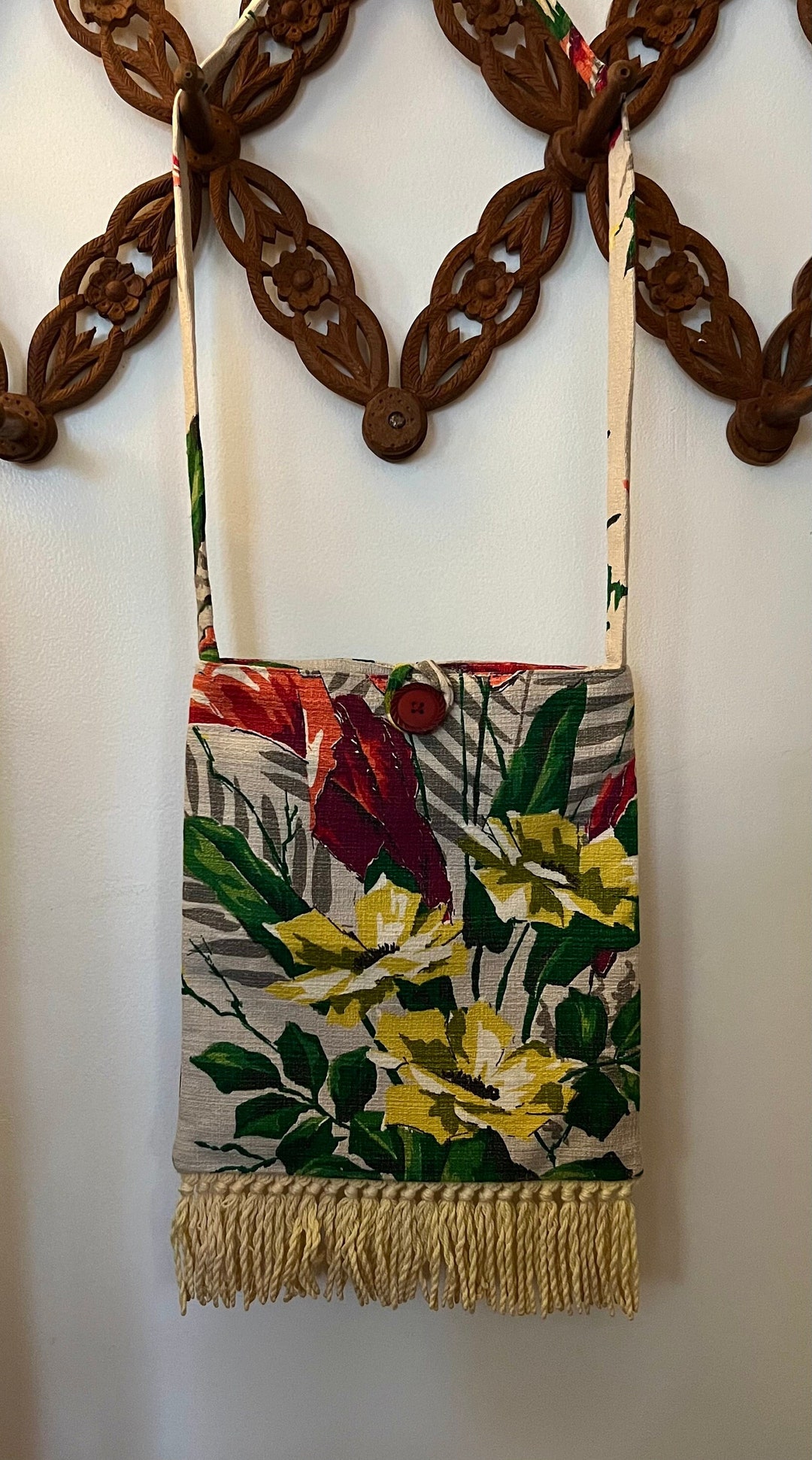 Vintage Barkcloth Shoulder Bag With Fringe - Etsy