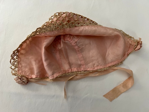 Antique Tatting Baby Bonnet with Pink Silk Lining - Gem