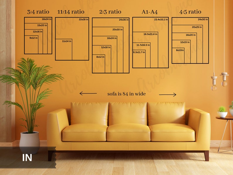 Living Room Wall Art Size Guide, Frame Sizing Mockup, Poster Size Chart ...