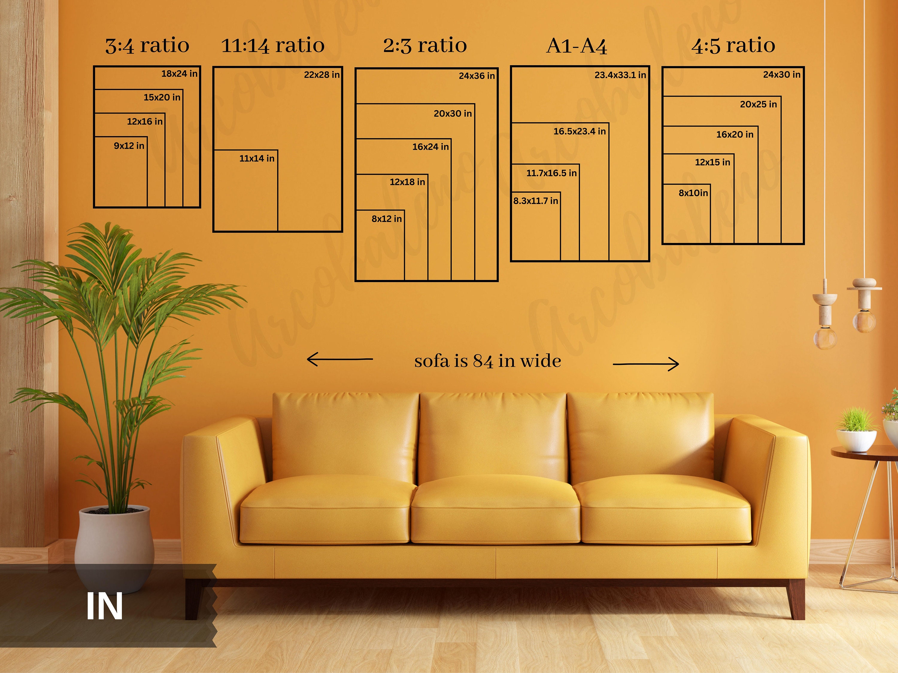 Living Room Wall Art Size Guide, Frame Sizing Mockup, Poster Size Chart ...