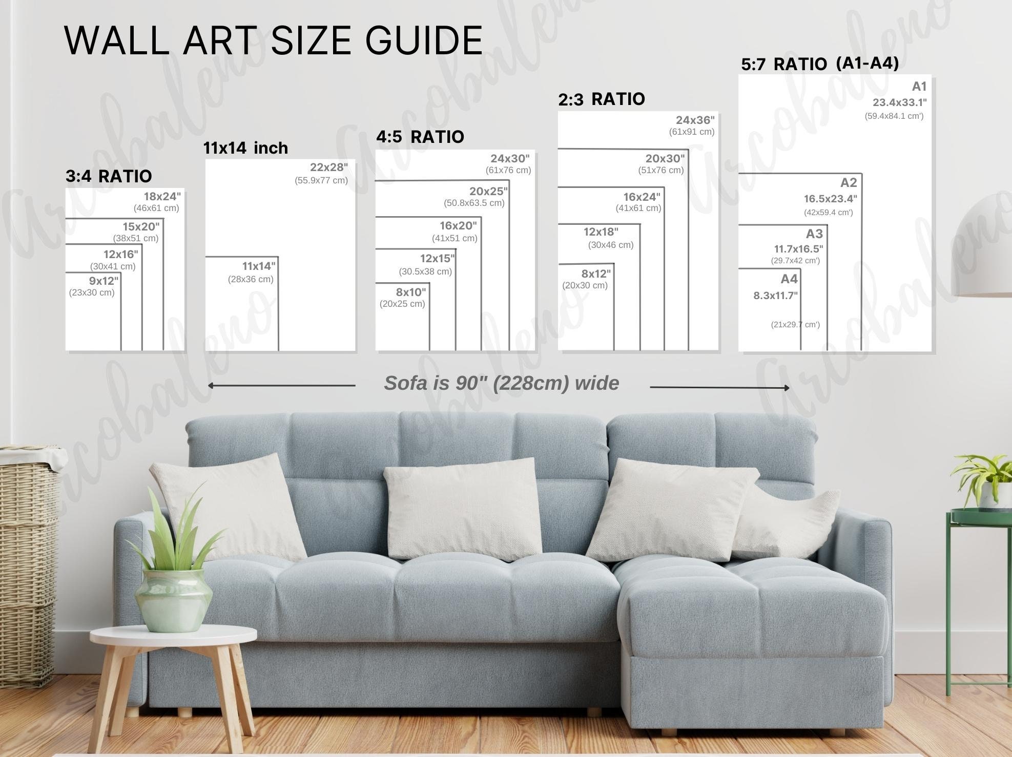 Living Room Wall Art Size Guide ~ Frame Sizing Mockup ~ Poster Size ...