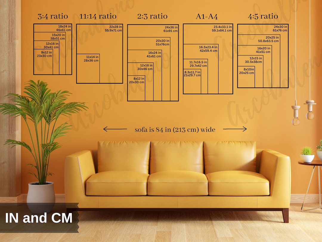 Living Room Wall Art Size Guide, Frame Sizing Mockup, Poster Size Chart ...