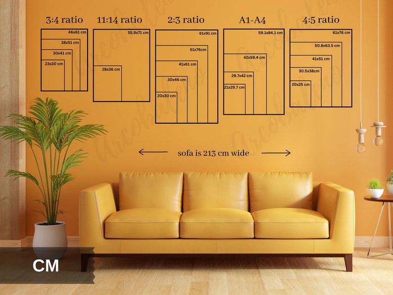 Living Room Wall Art Size Guide, Frame Sizing Mockup, Poster Size Chart ...