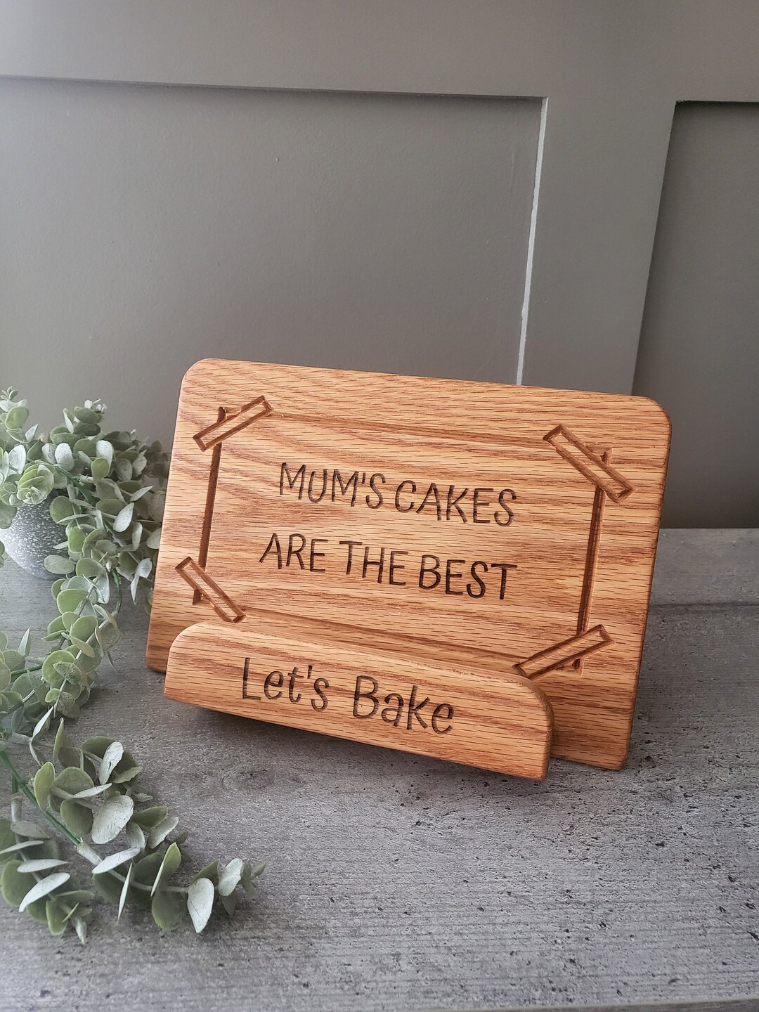 Oak Cookbook Stand, Recipe Holder. Personalised With Lets Bake ...