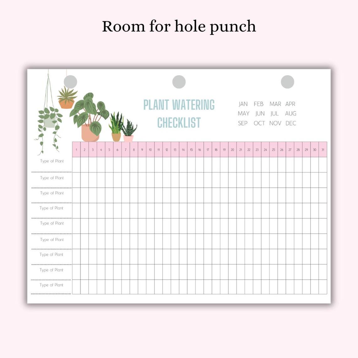Monthly Plant Watering Checklist Template, Plant Care Tracker, House ...