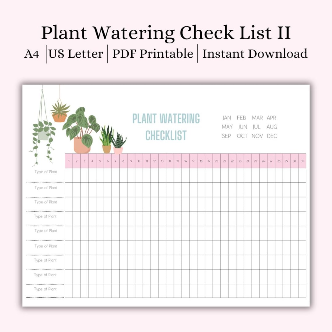 Monthly Plant Watering Checklist Template, Plant Care Tracker, House ...