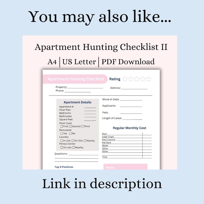 Apartment Hunting Budget Sheet Checklist, Moving Planner, New Apartment ...