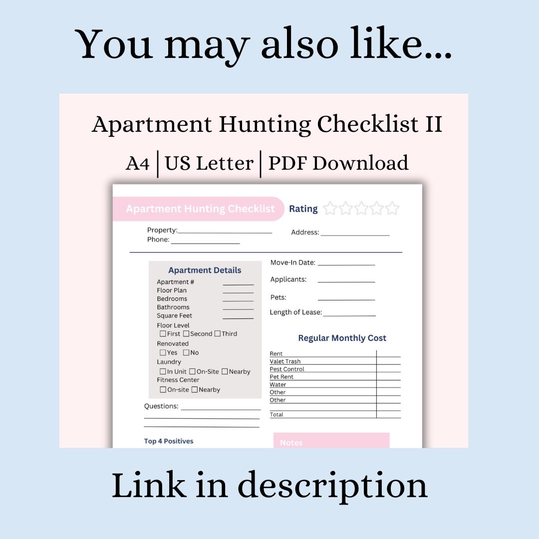 Apartment Hunting Budget Sheet Checklist, Moving Planner, New Apartment ...