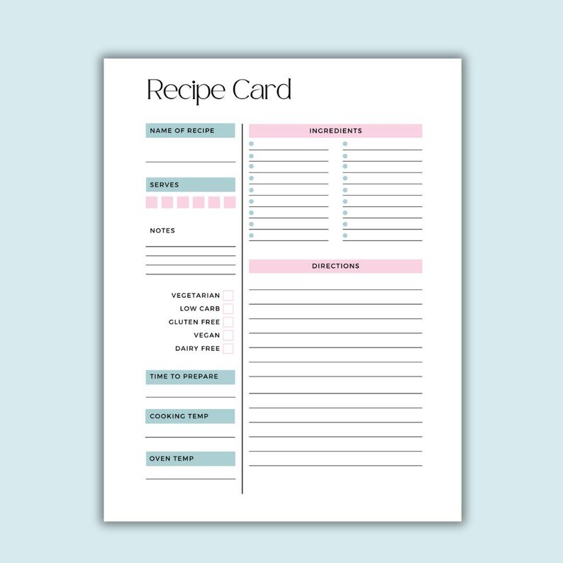 Recipe Planner Printable Template, Blank Recipe Card Planner, Meal ...