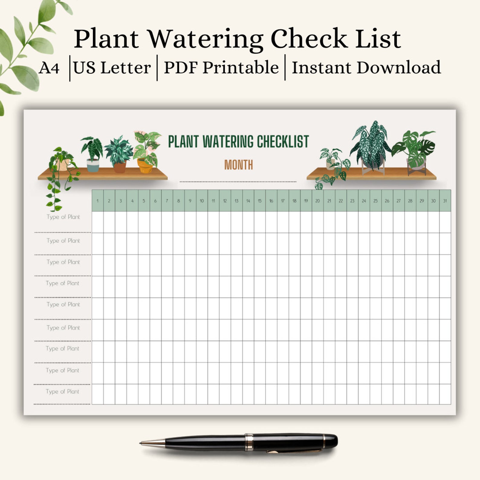 Monthly Plant Watering Checklist, Plant Care Log, Watering Plant ...