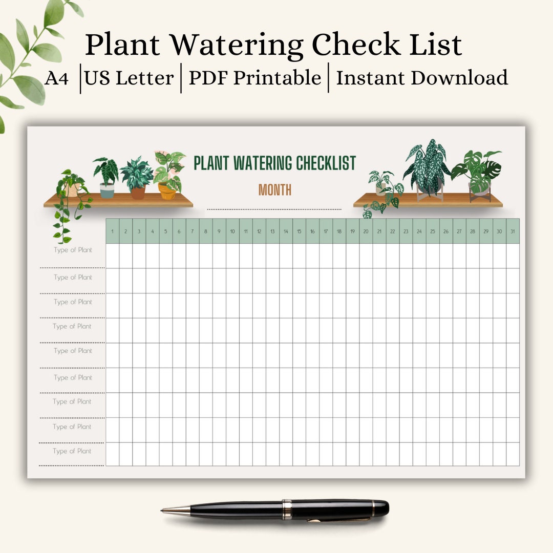 Monthly Plant Watering Checklist, Plant Care Log, Watering Plant ...
