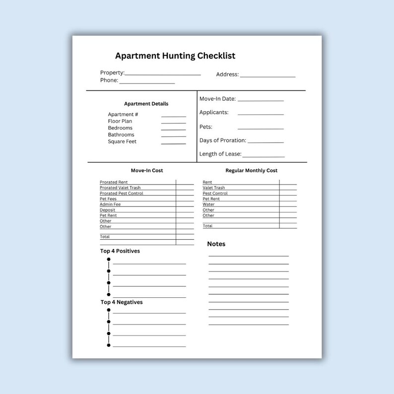 Apartment Hunting Budget Sheet Checklist, Moving Planner, New Apartment ...