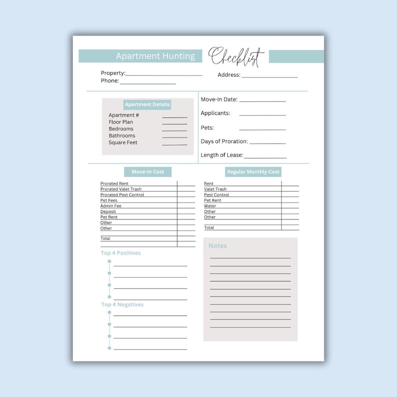 Apartment Hunting Budget Sheet Checklist, Moving Planner, New Apartment ...