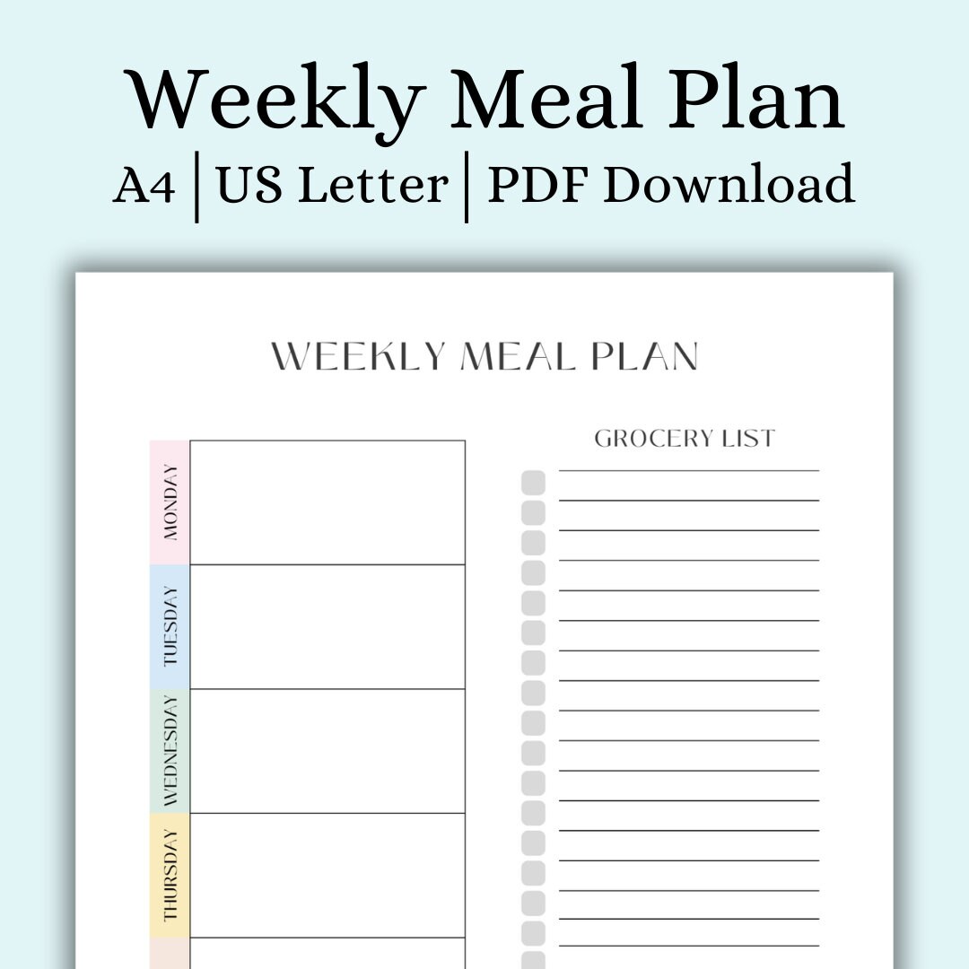 Weekly Meal Printable Planner Template, Food Shopping List, Grocery ...