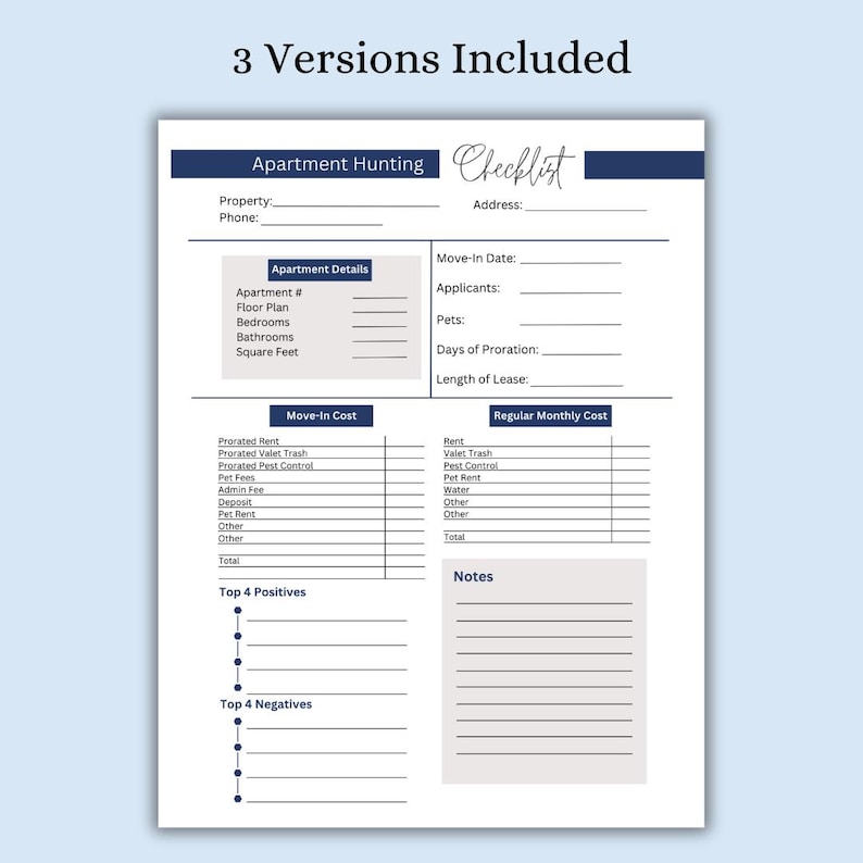 Apartment Hunting Budget Sheet Checklist, Moving Planner, New Apartment ...