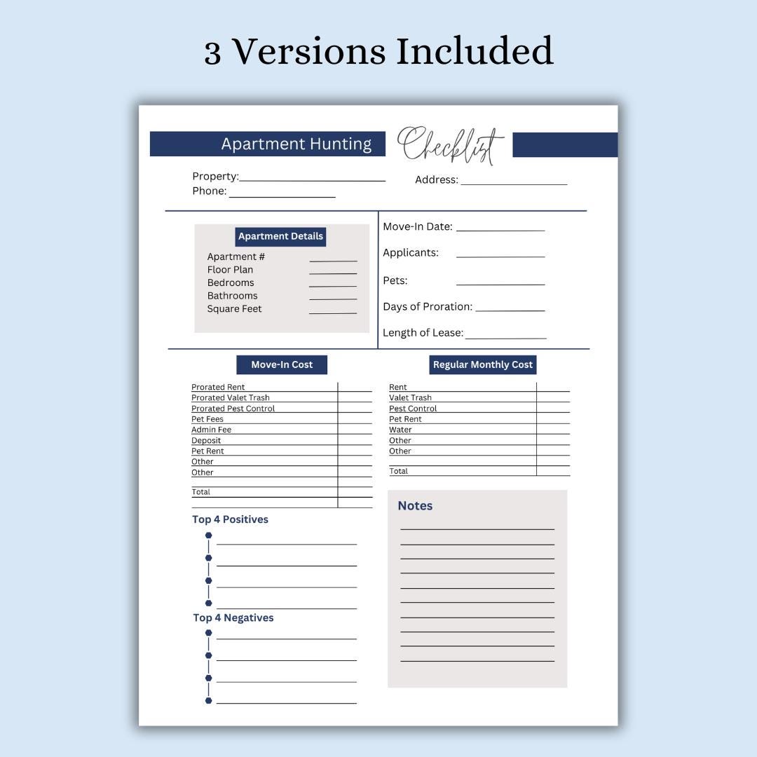 Apartment Hunting Budget Sheet Checklist, Moving Planner, New Apartment ...