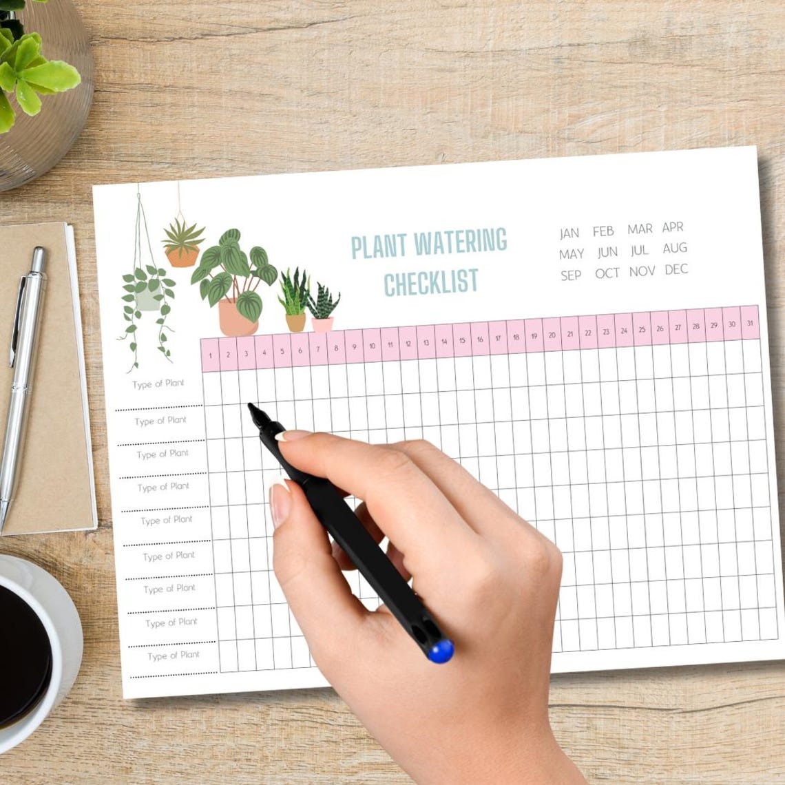 Monthly Plant Watering Checklist Template, Plant Care Tracker, House ...