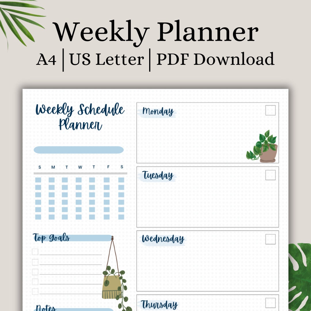 Weekly Organizer Printable, Weekly Schedule Template, Top Goals Planner ...
