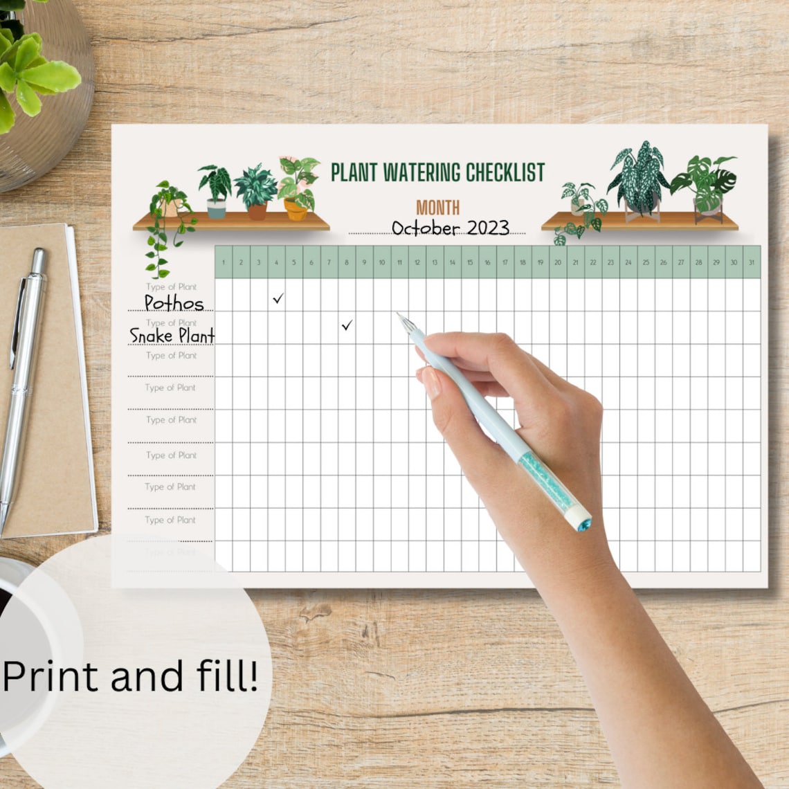 Monthly Plant Watering Checklist, Plant Care Log, Watering Plant ...