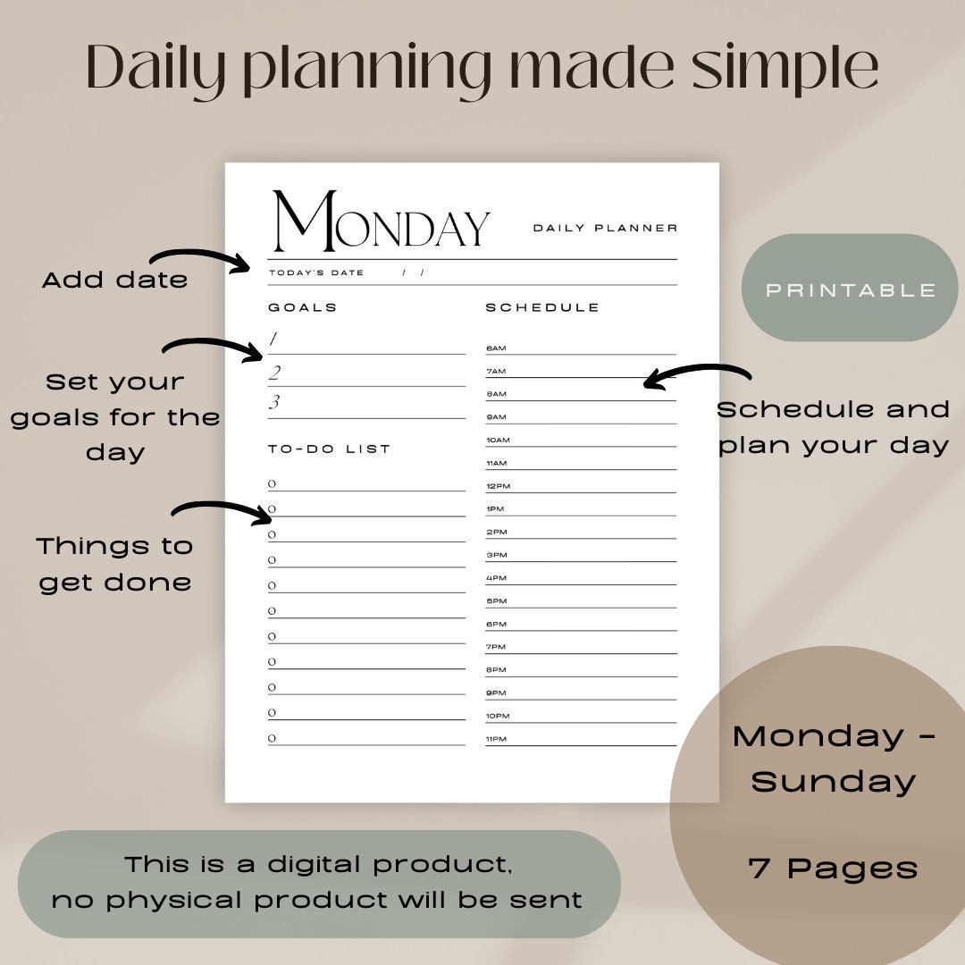 Daily Task Printable Planner, Workday Schedule, Daily Planner, Weekly ...
