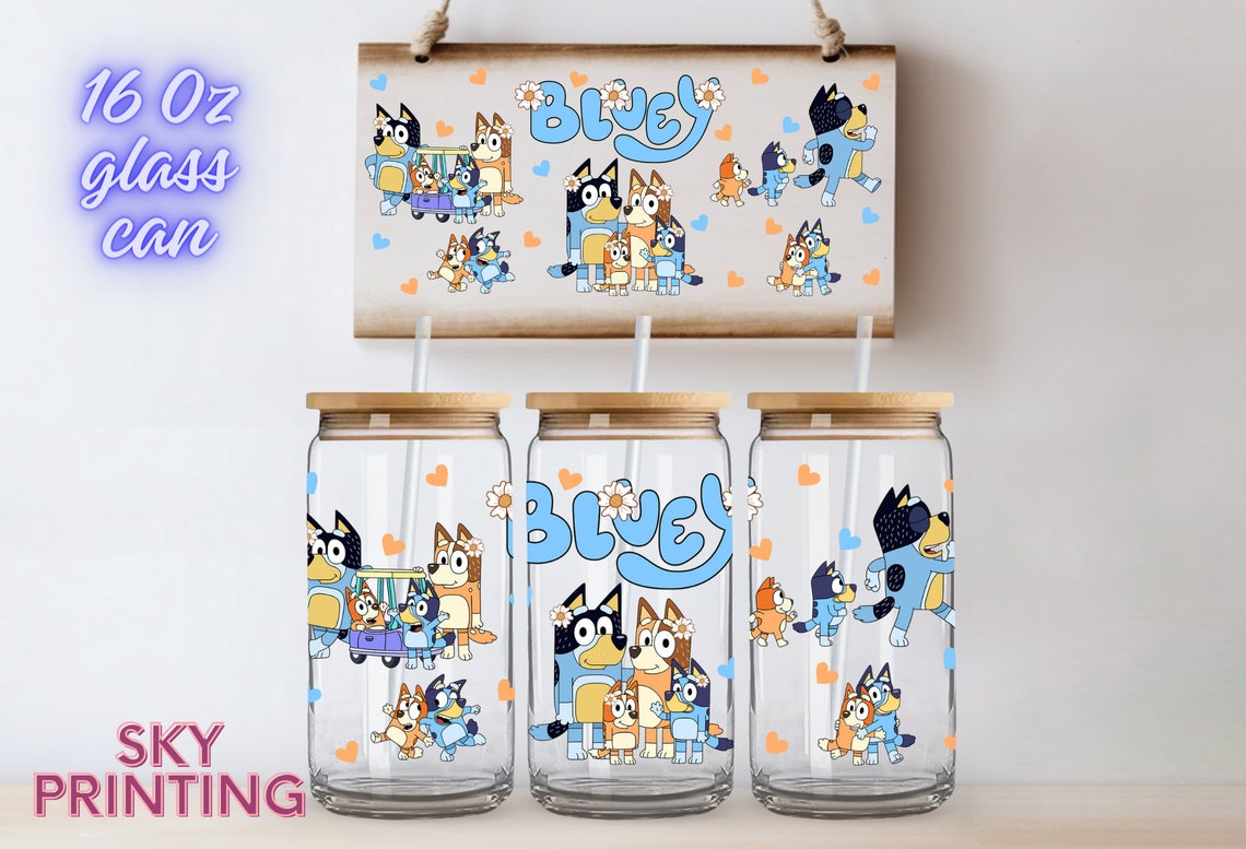 16 Oz Frosted Glass Can With Straw, Bluey Design - Etsy