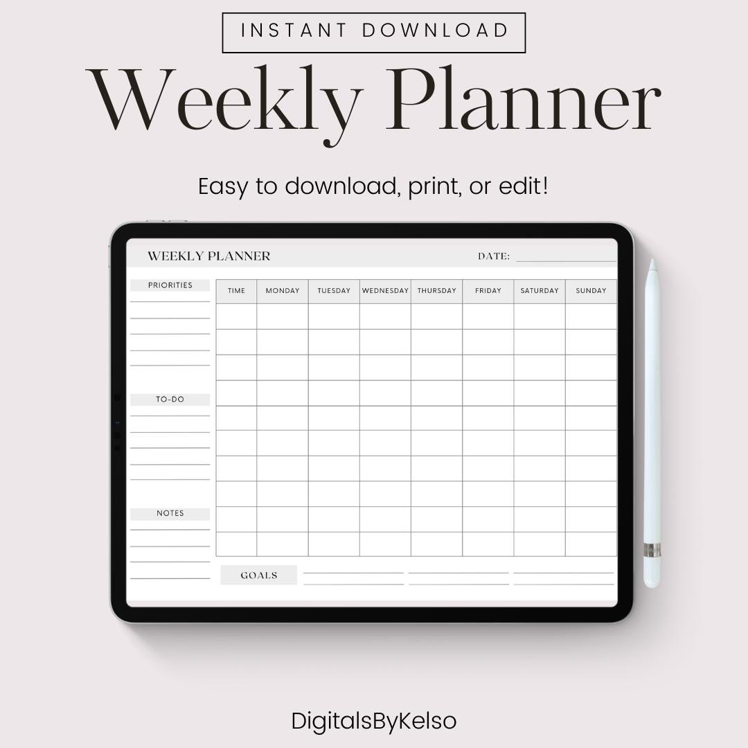 Weekly Hourly Planner Colors, Minimal EDITABLE Weekly Schedule, Daily ...
