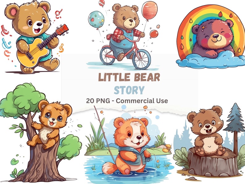 Little Bear Cartoon Clipart Set of 20, Teddy Bear Poses Illustrations ...