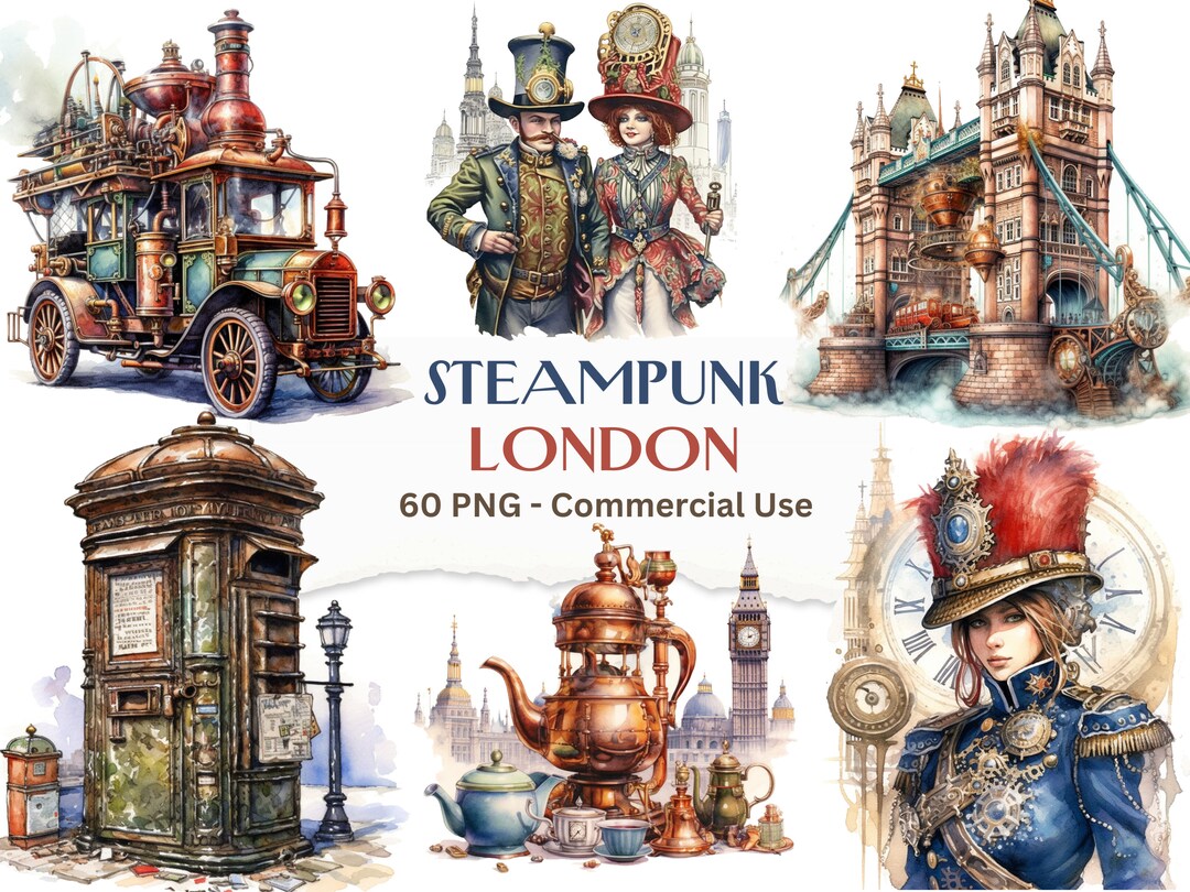 Steampunk London Clipart: Victorian City Life, Watercolor PNG (digital ...
