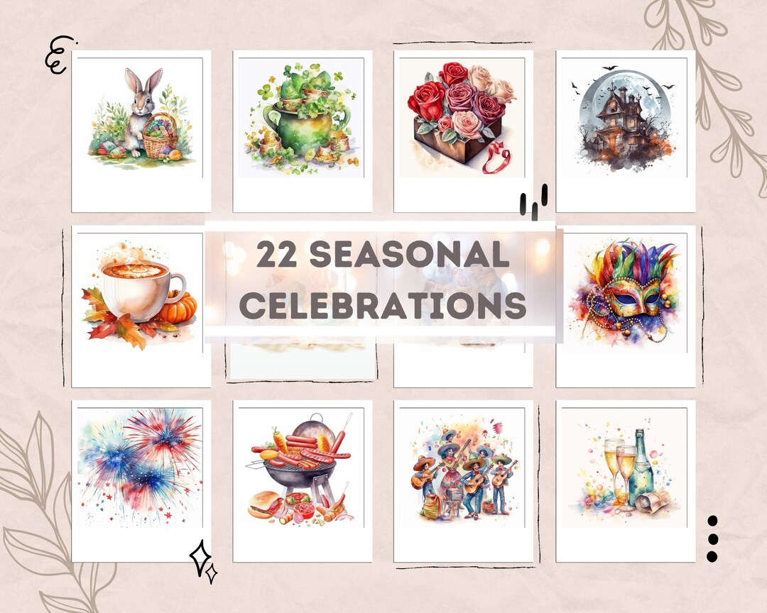 22 Seasonal Celebrations, Festive Holiday and Event Clipart Set ...