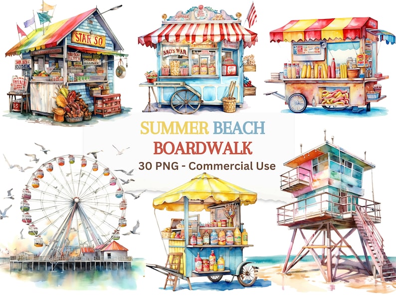 Summer Beach Boardwalk Clipart: Watercolor Ferris Wheel, Arcade ...