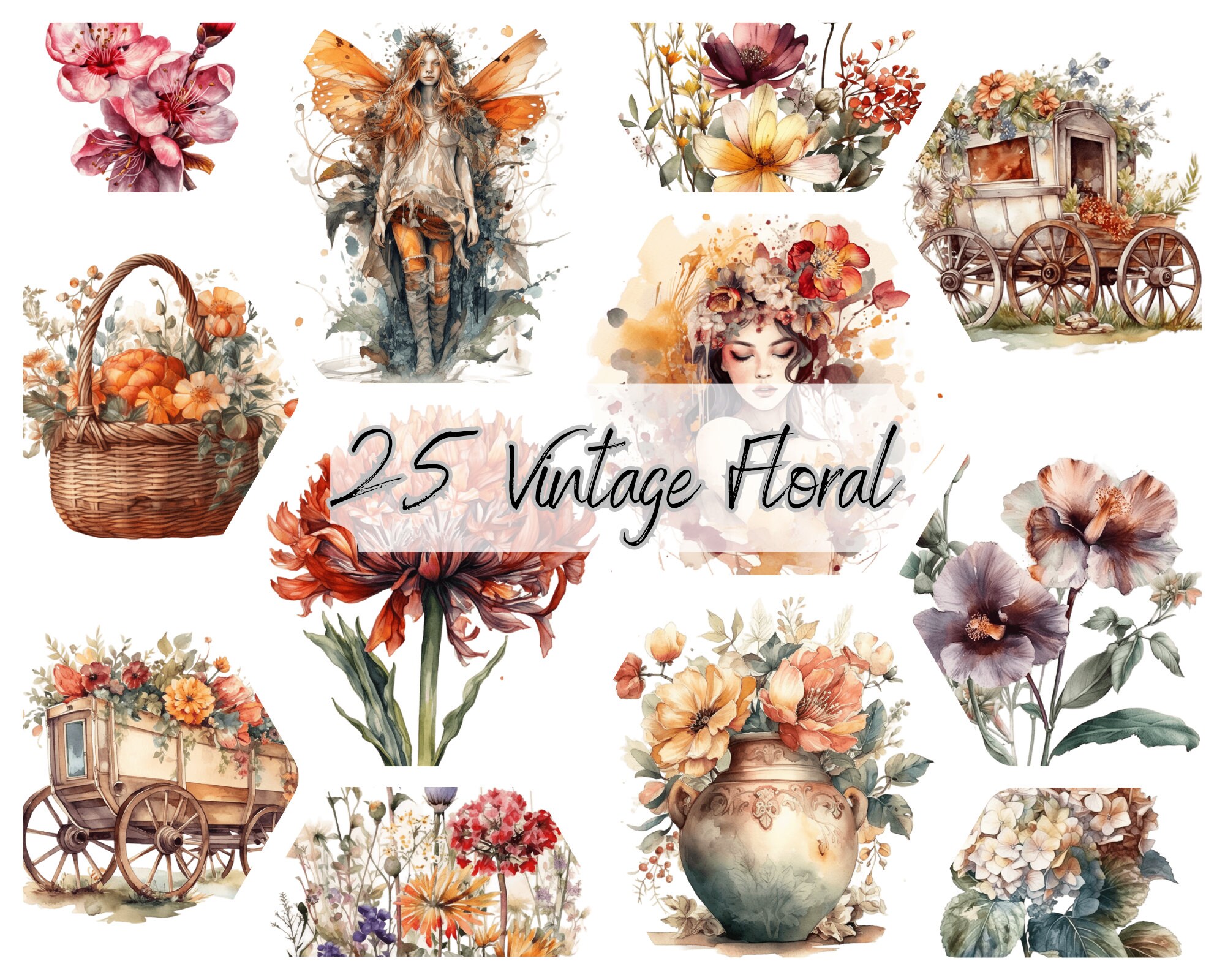Watercolor Vintage Floral Designs PNG Clipart Set of 25, Botanical ...