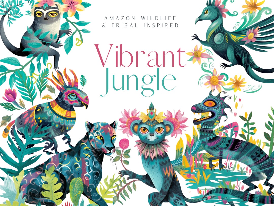 Tribal Rainforest Animals Watercolor Clipart: Jungle Decor (digital ...
