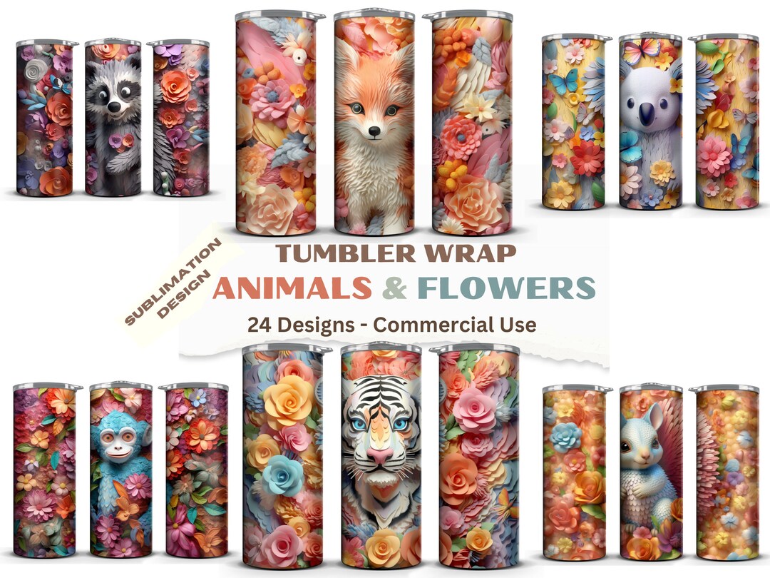 3D Floral Animal Skinny Tumbler Sublimation Design Set of 24, Straight ...