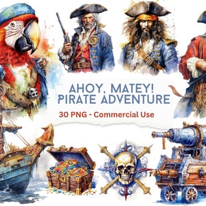30 Pirate Adventure Watercolor Clipart, Pirate Skull, Pirates Bundle ...