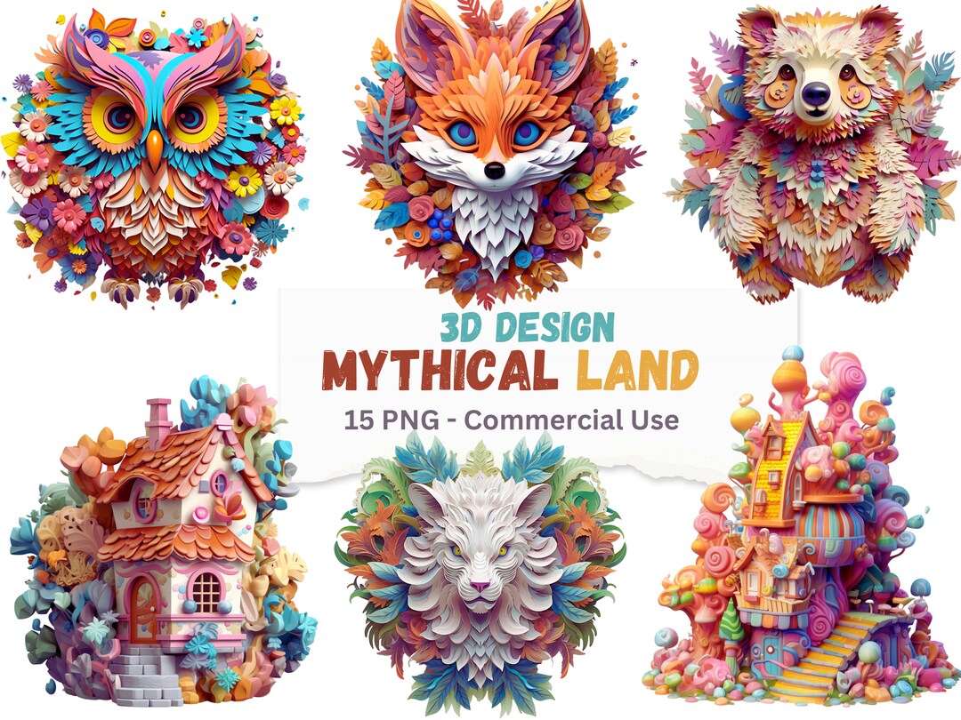 3D Mythical Land Clipart: Pastel Animal & House Pngs (commercial ...