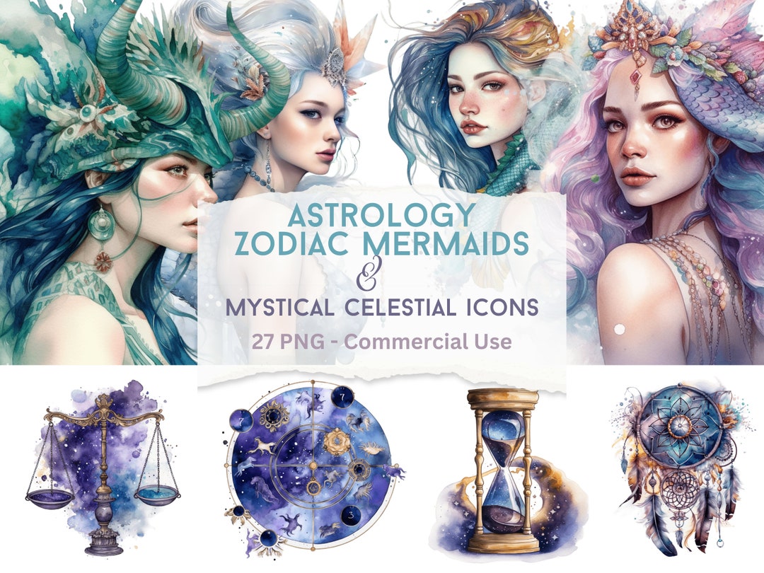 27 Astrology and Zodiac Mermaids With Mystical Celestial Icons ...