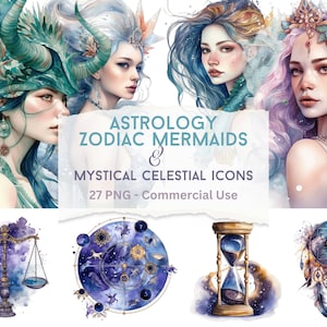 27 Astrology and Zodiac Mermaids With Mystical Celestial Icons ...