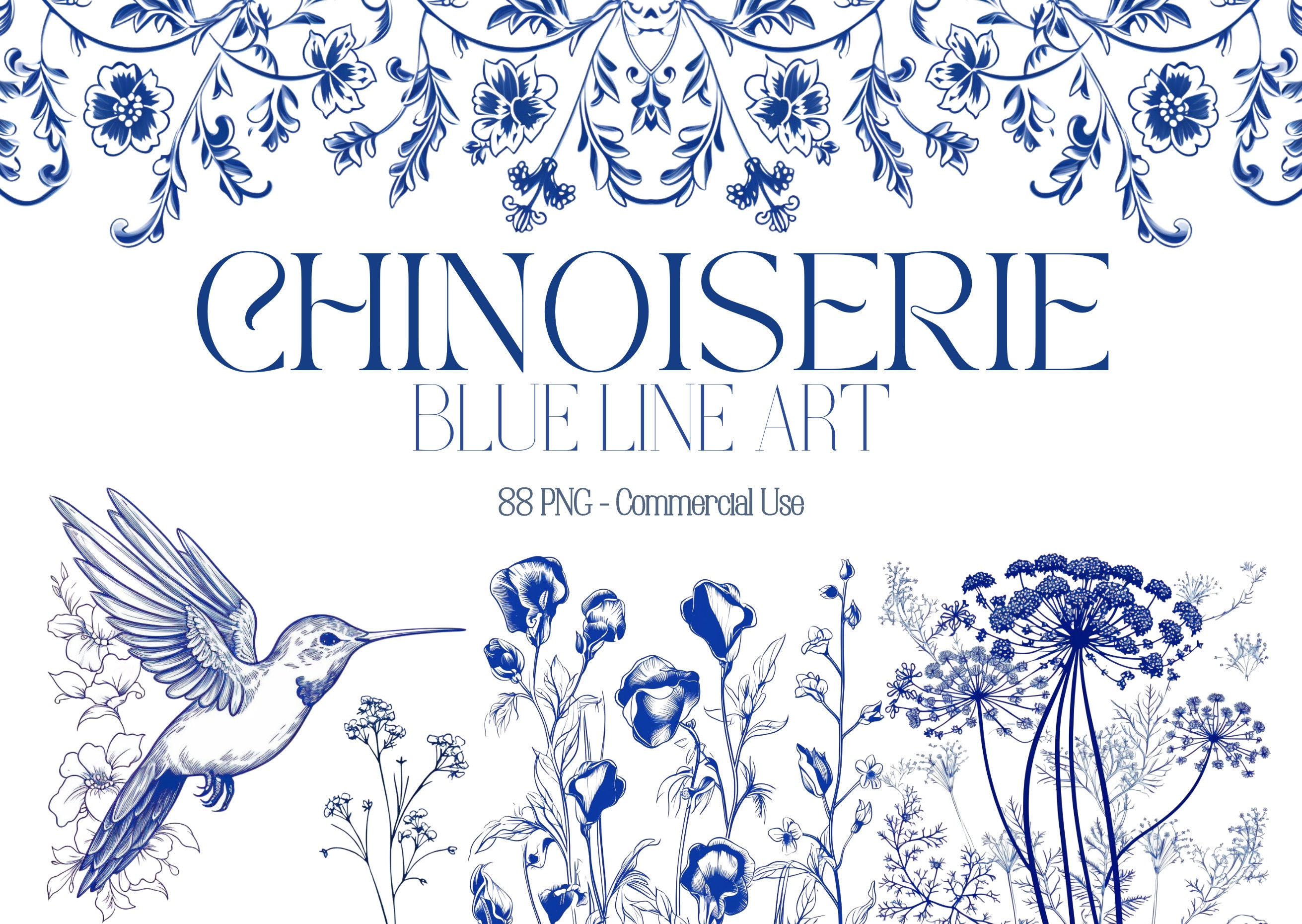 Charming Chinoiserie Clipart Watercolor Blue Line Art - Etsy