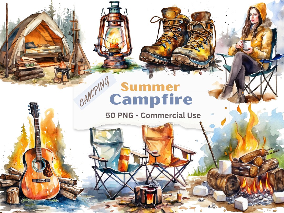 50 Summer Campfire Fun, Outdoor Adventures, Camping Clipart Collection ...