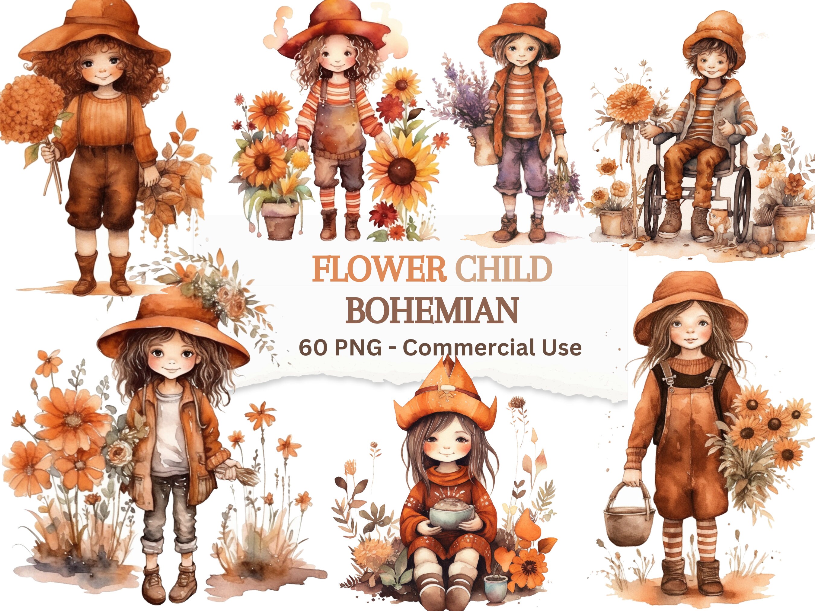 60 Boho Hippie Little Child Clipart Kid Holding Flowers - Etsy