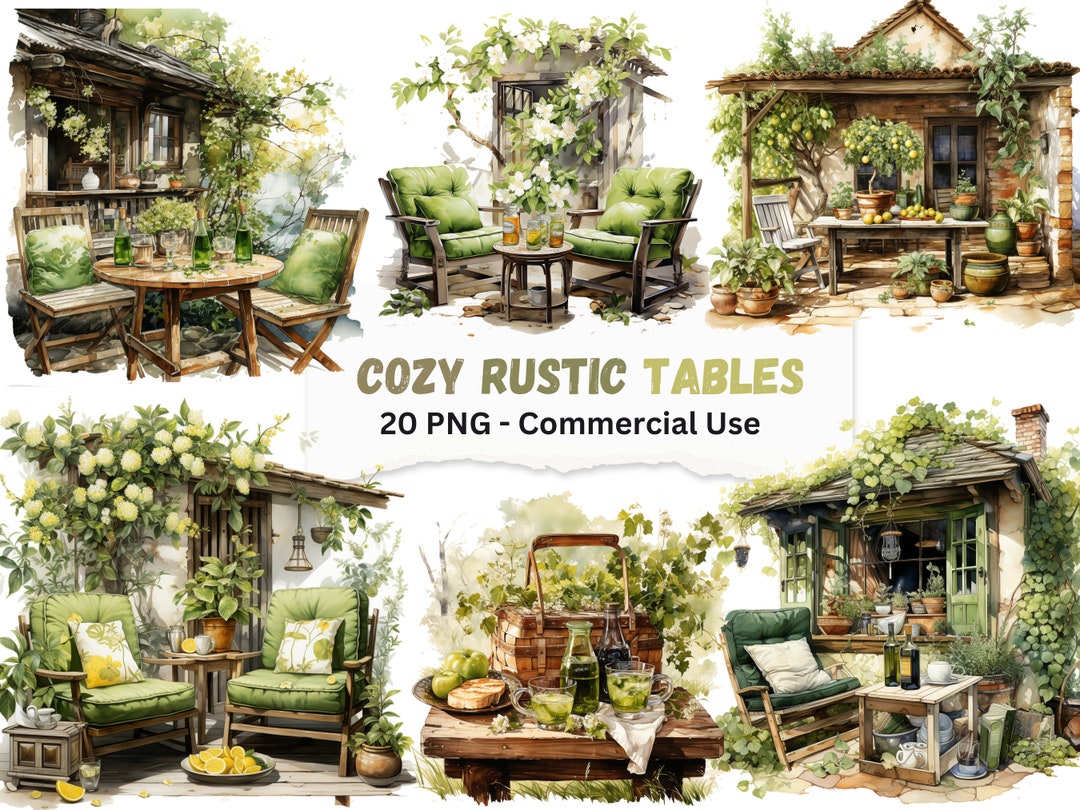 Watercolor Rustic Tables Clipart Set: 20 PNG Illustrations (digital ...